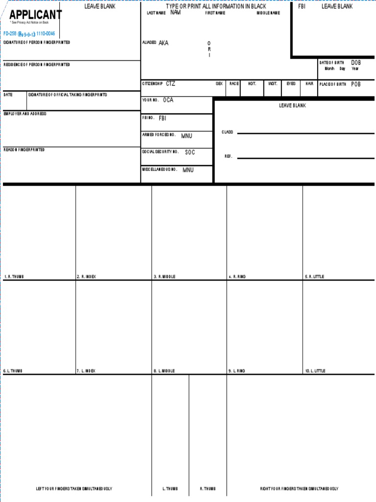 Standard Fingerprint Form FD 258 1 | PDF | Fingerprint | American ...