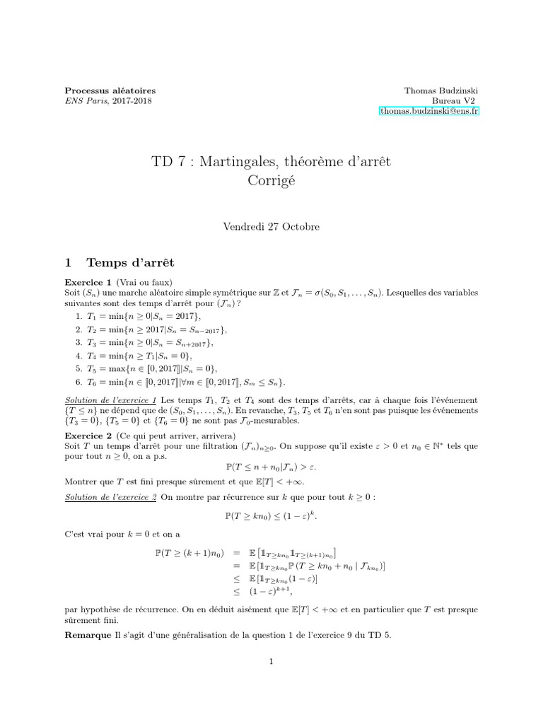 Td7 Processus Corrige | PDF | Mesure (mathématiques) | Probabilité