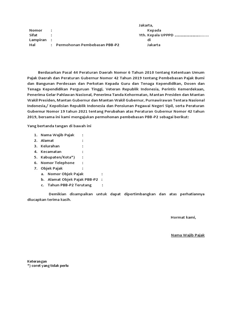 Formulir Permohonan Pembebasan PBB Pergub 42 2019 Pergub 19 2021 | PDF