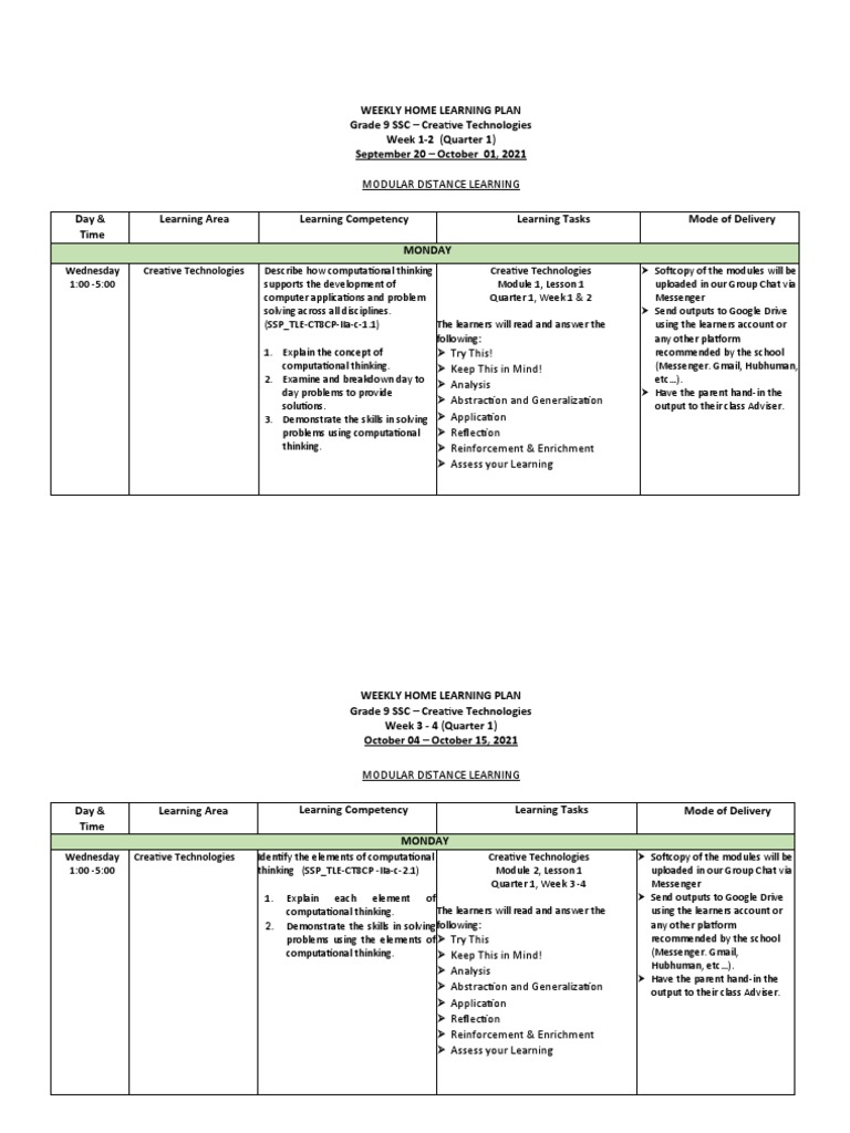 Weekly Home Learning Plan (Grade 9 - SSC) | PDF | Learning | Gmail