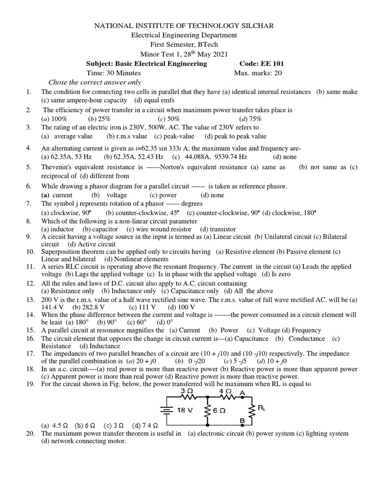 Chose The Correct Answer Only: Subject: Basic Electrical Engineering Code: EE 101 | PDF ...