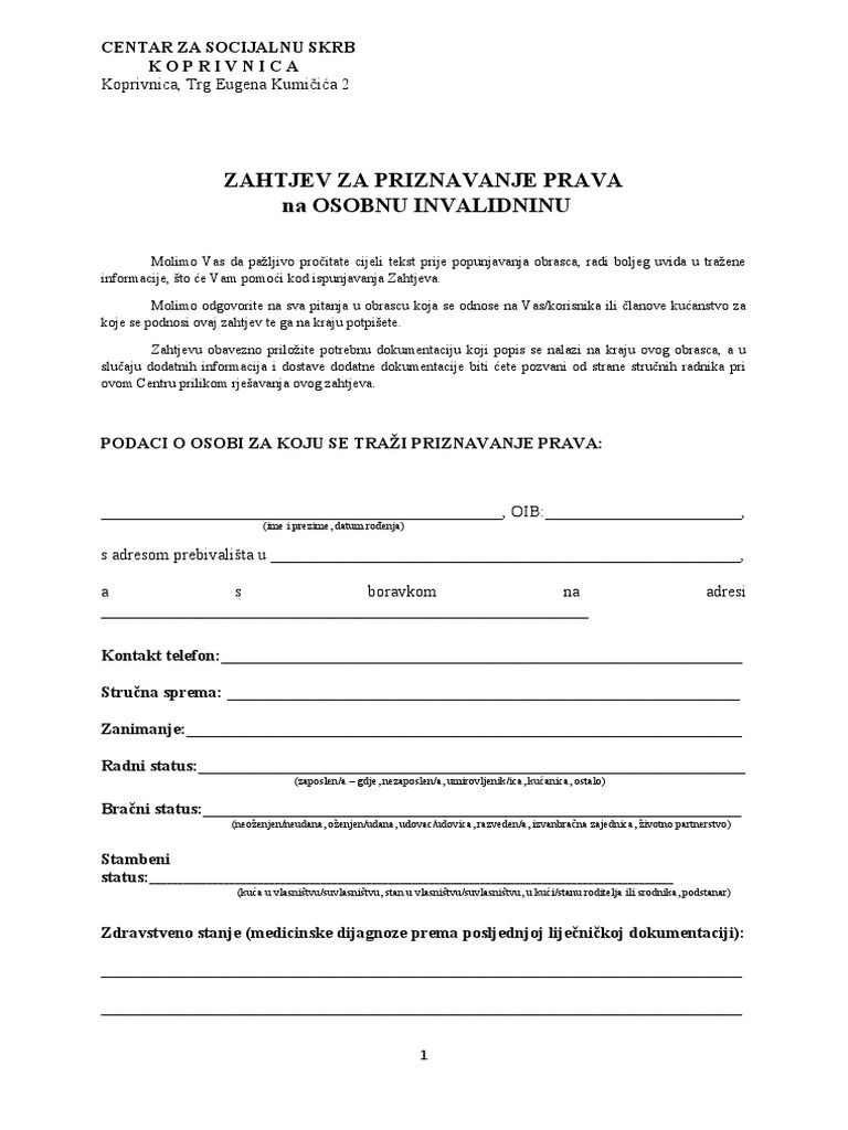 Zahtjev Za Priznavanje Prava Na Osobnu Invalidninu 2020 | PDF