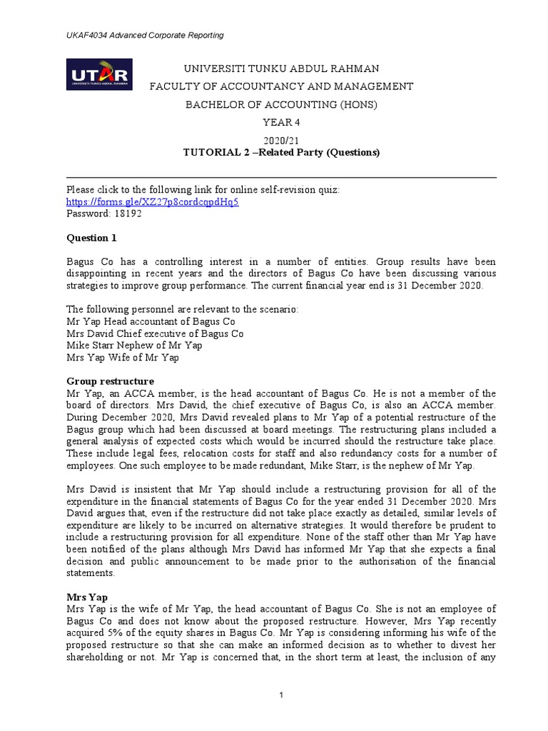 TUTORIAL 2 - Related Party (Questions) : UKAF4034 Advanced Corporate ...