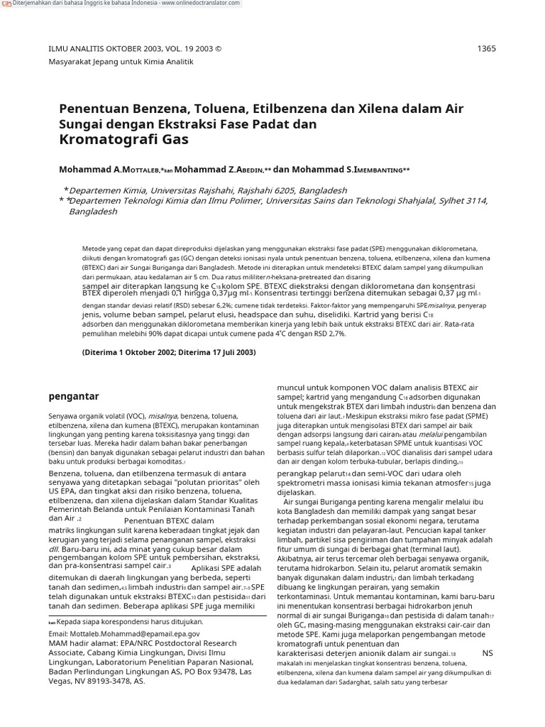 Penentuan BTX DLM Air Sungai Metode SPE Dan GC - En.id | PDF