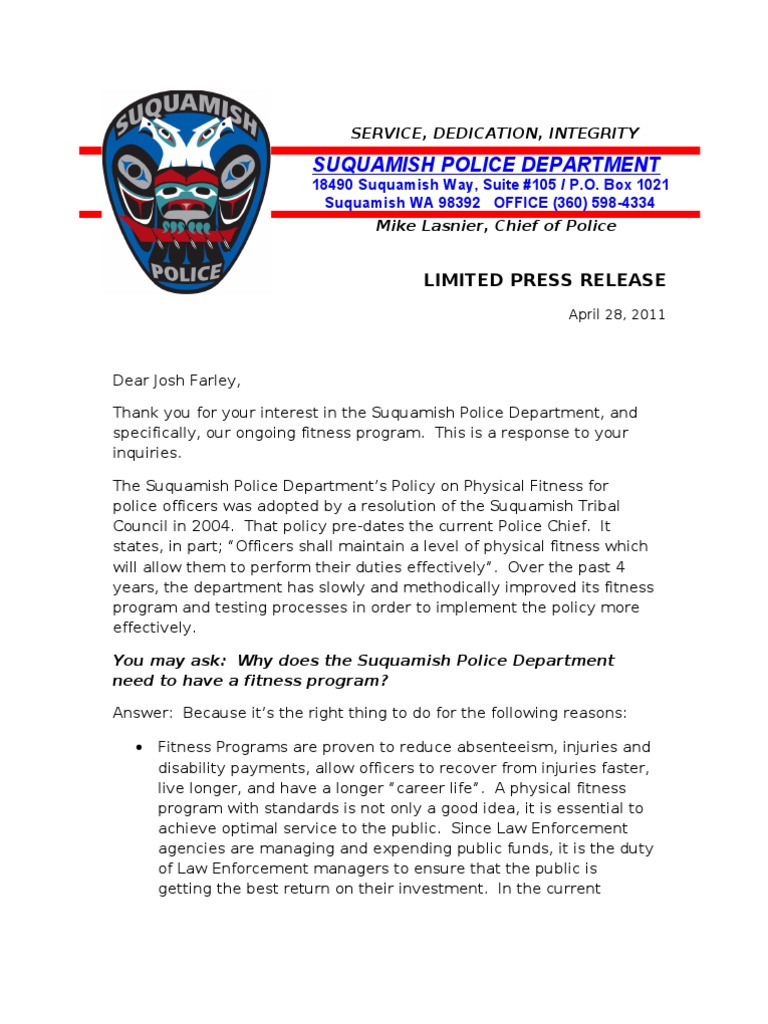 Suquamish Police Department Physical Fitness Press Release Final | PDF ...