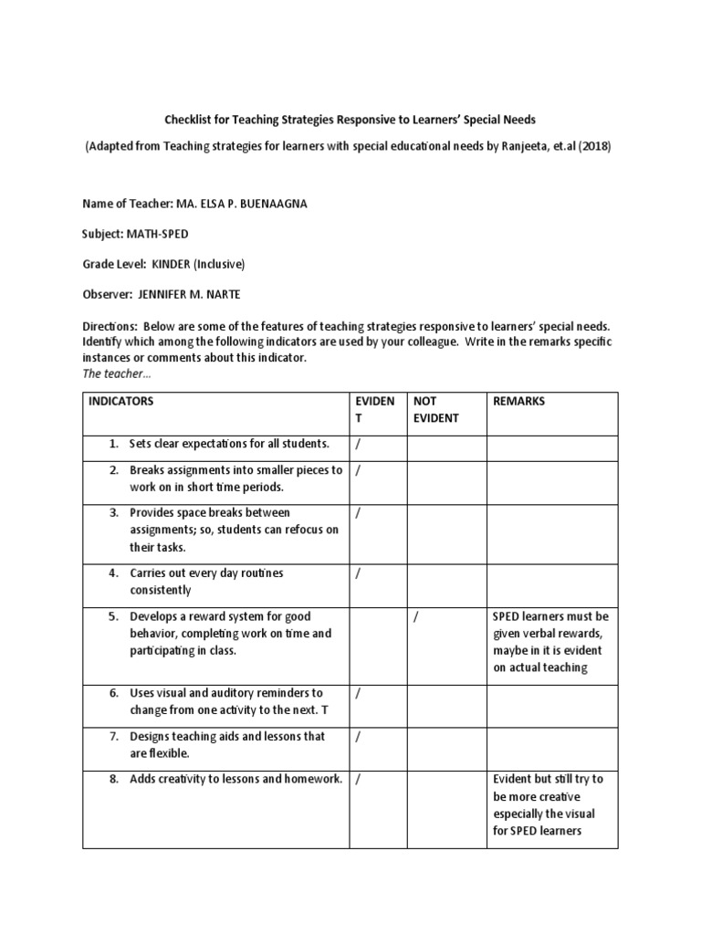 (Template) Checklist For Teaching Strategies Responsive To Learners ...