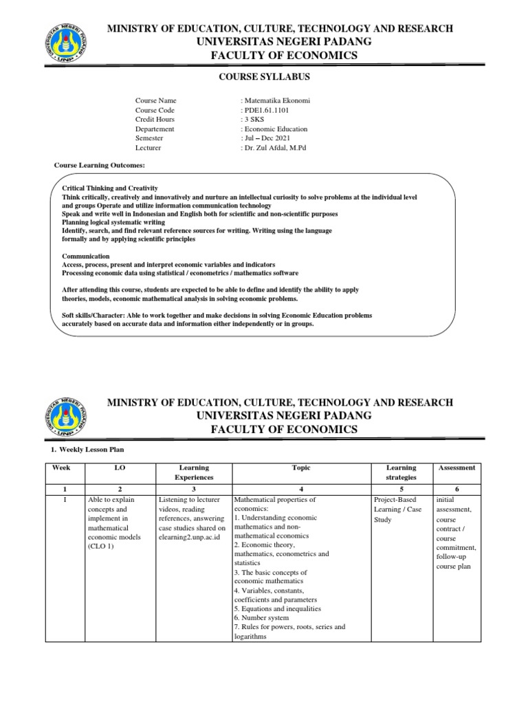 Mathematical and Statistical Methods for Economic Analysis: Course Syllabus for Matematika ...
