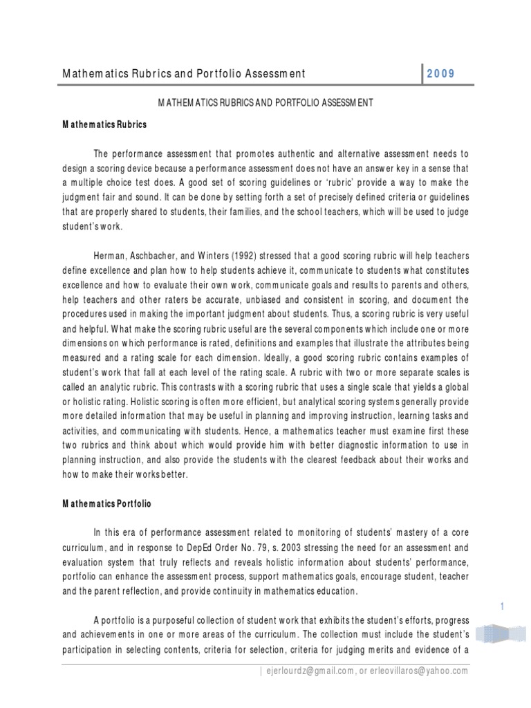 Mathematics Portfolio Assessment Rubrics | PDF | Rubric (Academic ...