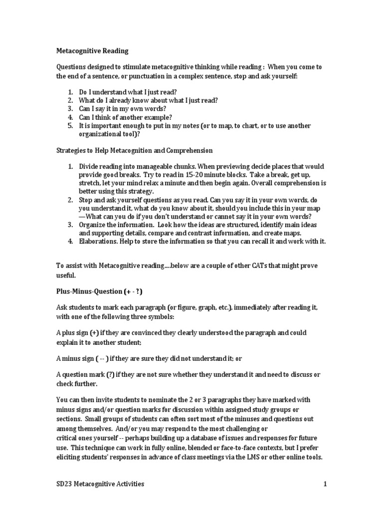 Metacognitive Reading | Download Free PDF | Metacognition | Reading Comprehension