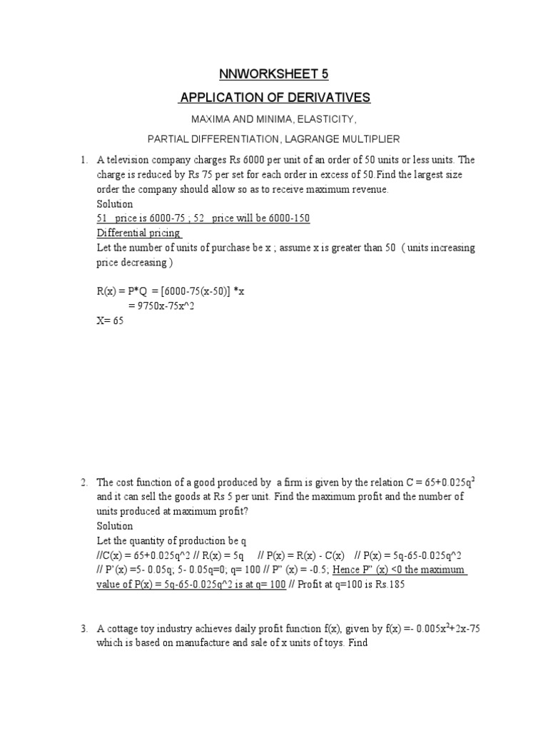 Worksheet On Derivatives Elasticity and Optimisation Solutions ...