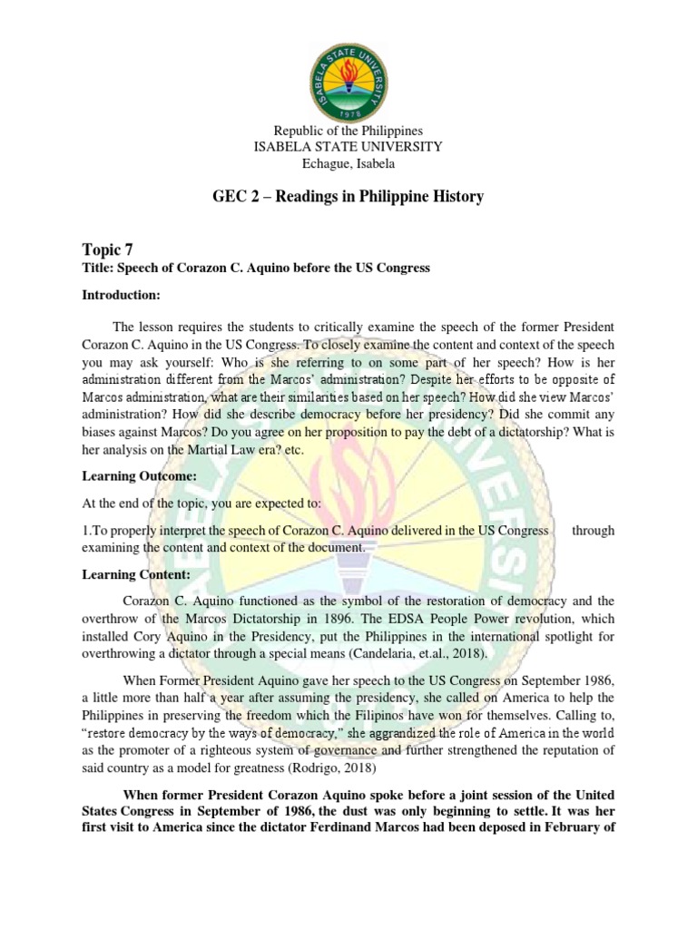 GEC 2 Module 7 - Speech of Corazon C. Aquino Before The US Congress | PDF | Corazon Aquino ...