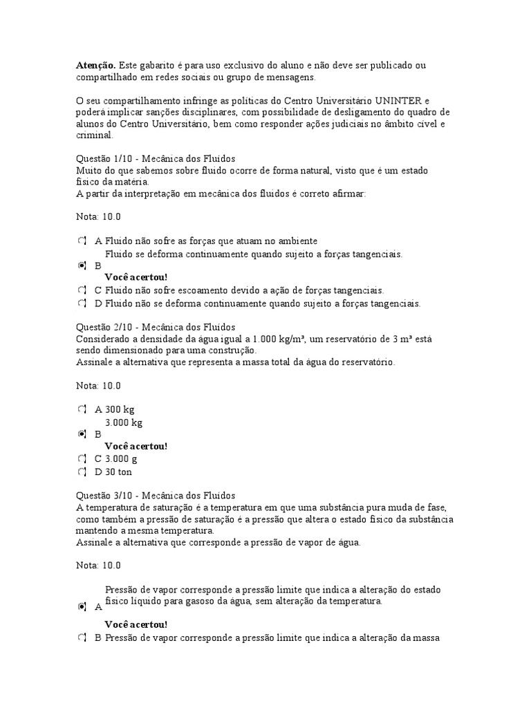 Apol 1 Uninter Mecânica Dos Fluídos | PDF | Pressão | Densidade
