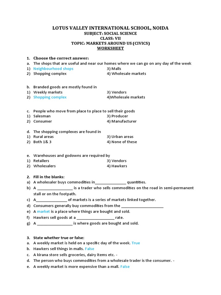 Class VII Civics: Markets Worksheet | PDF | Retail | Shopping Mall
