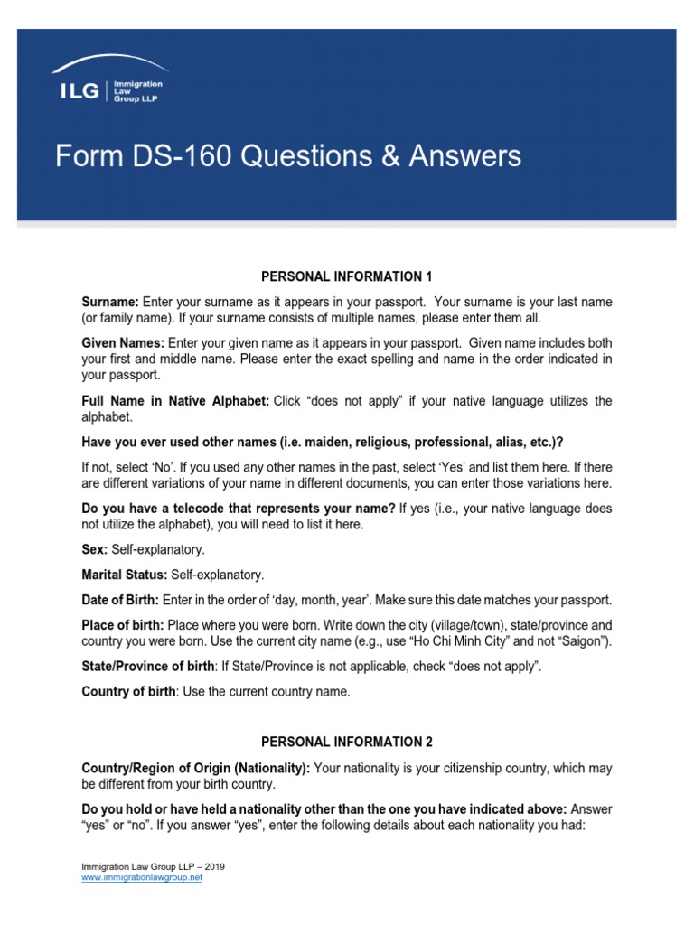 Form DS-160 Questions & Answers: Immigration Law Group LLP - 2019 | PDF ...