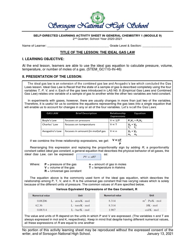 Las 9 Gen Chem Ideal Gas Laws Pdf Gases Mole Unit