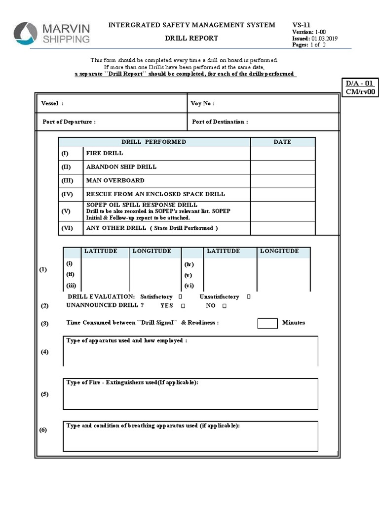 This Form Should Be Completed Every Time A Drill On Board Is Performed ...