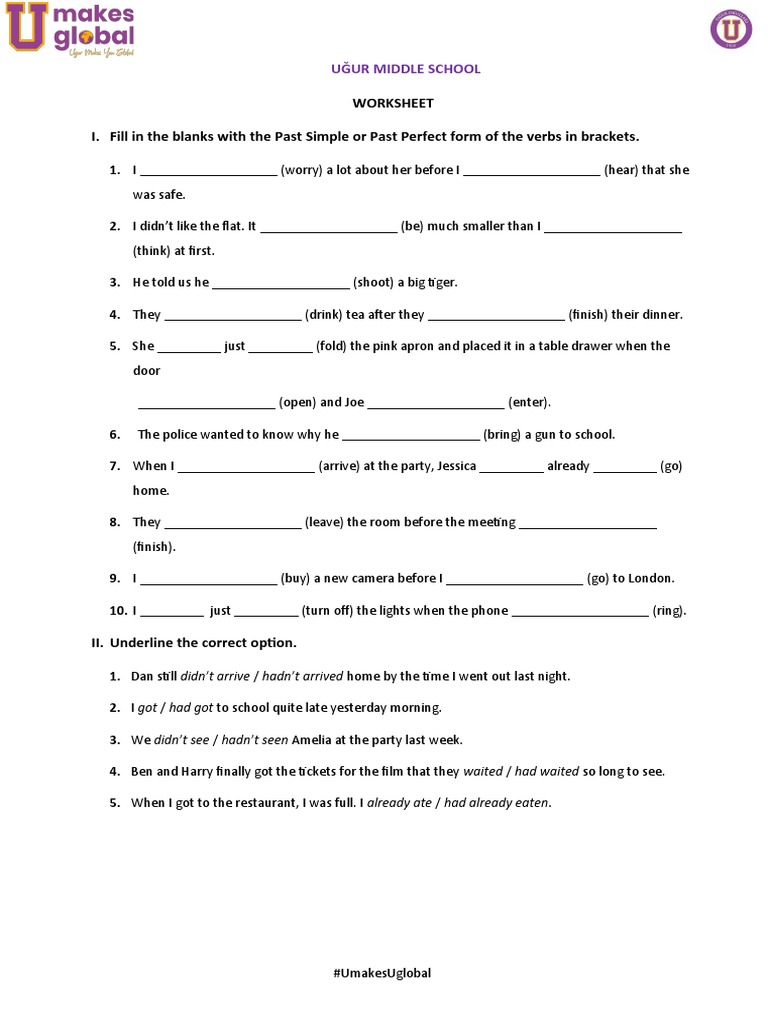 Worksheet I. Fill in The Blanks With The Past Simple or Past Perfect ...