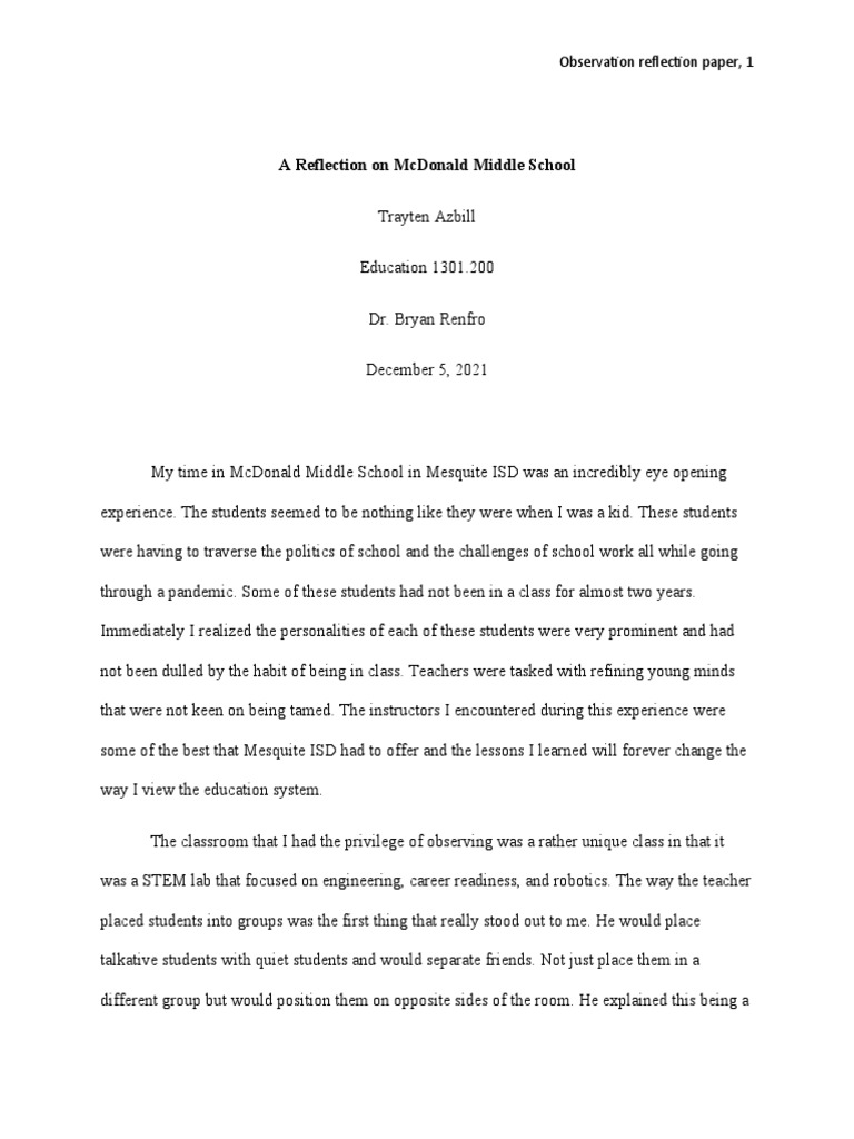 Reflection Paper Educ 1301 | PDF | Teachers | Behavior Modification