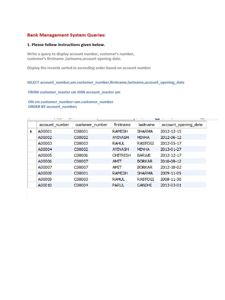 Bank Management System Queries:: 1. Please Follow Instructions Given ...