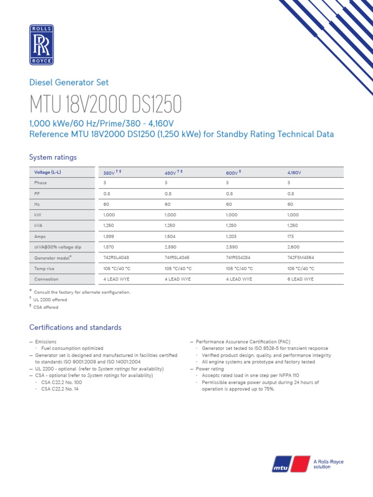MTU 18V2000 DS1250: Diesel Generator Set | PDF | Electric Generator ...