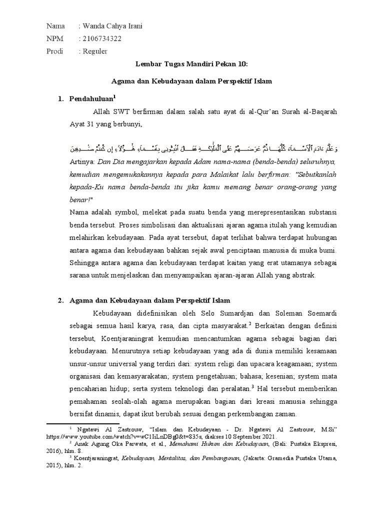 Wanda Cahya Irani - 2106734322 - LTM 10 | PDF | Agama & Spiritualitas