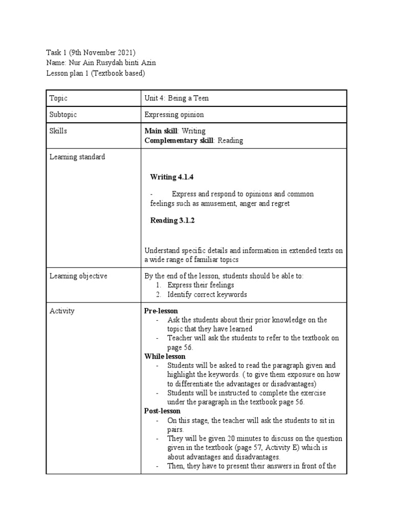 Task 1 | PDF | Lesson Plan | Teachers
