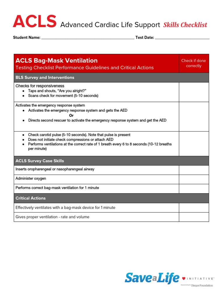 ACLS Skills Checklist | PDF | Breathing | Human Diseases And Disorders