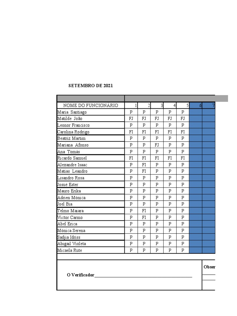 MAPA DE CONTROLO DE ASSIDUIDADE DOS FUNCIONARIOS Alexandre | PDF