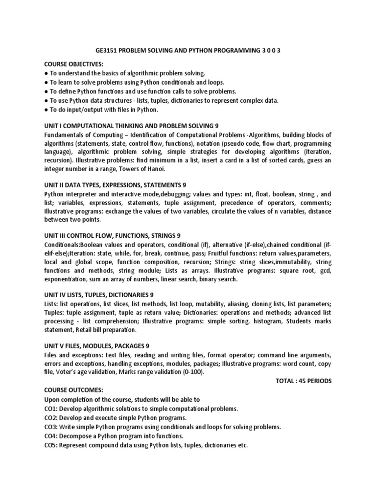 Syllabus GE3151 PROBLEM SOLVING AND PYTHON PROGRAMMING 3 0 0 3 | PDF | Subroutine | Control Flow