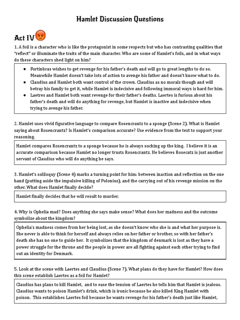 Shaan Merchant - Act 4 Hamlet Discussion Questions | PDF | Hamlet ...
