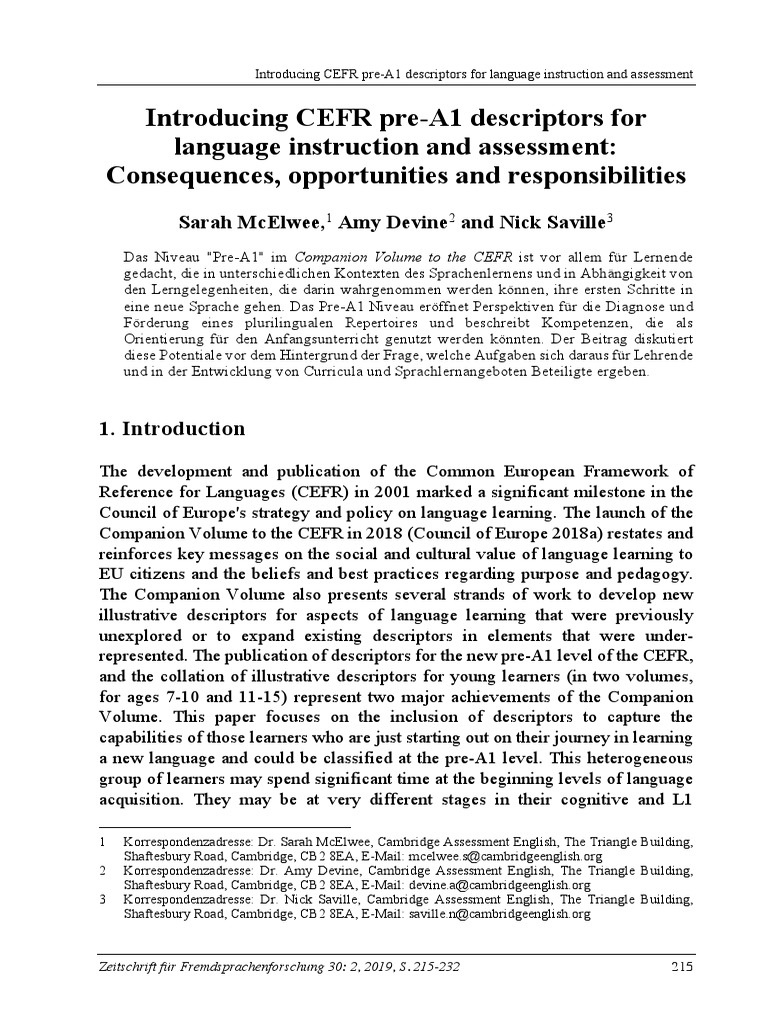 Introducing CEFR Pre-A1 Descriptors For Language Instruction and ...