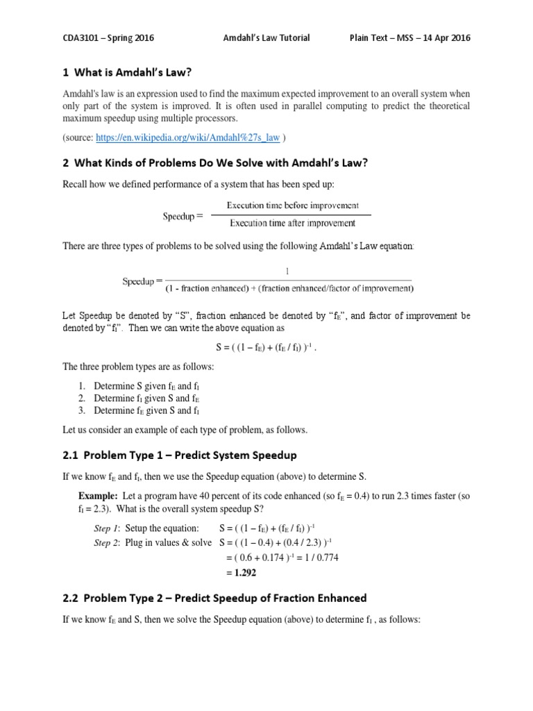 1 What Is Amdahl's Law?: Example: Let A Program Have 40 Percent of Its ...