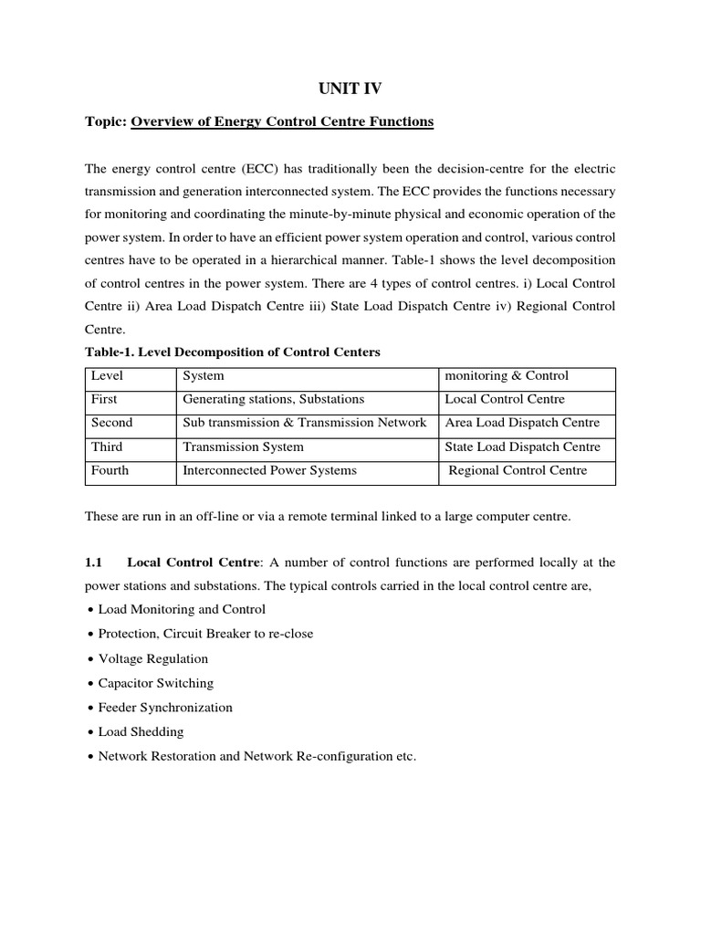 Topic: Overview of Energy Control Centre Functions: Unit Iv | PDF ...