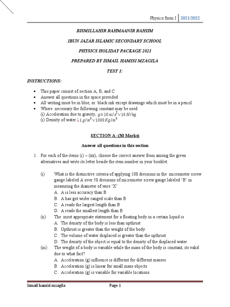 Physics Home Package Form One 2021 | PDF | Density | Buoyancy