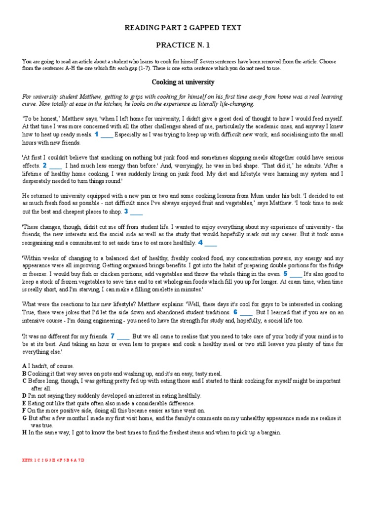 Reading Part 2 Gapped Text Practice N. 1: Cooking at University | PDF ...