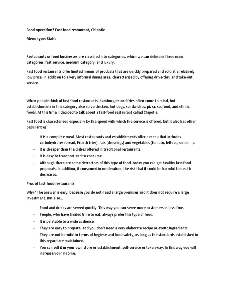 Food Operation? Fast Food Restaurant, Chipotle Menu Type: Static | PDF ...