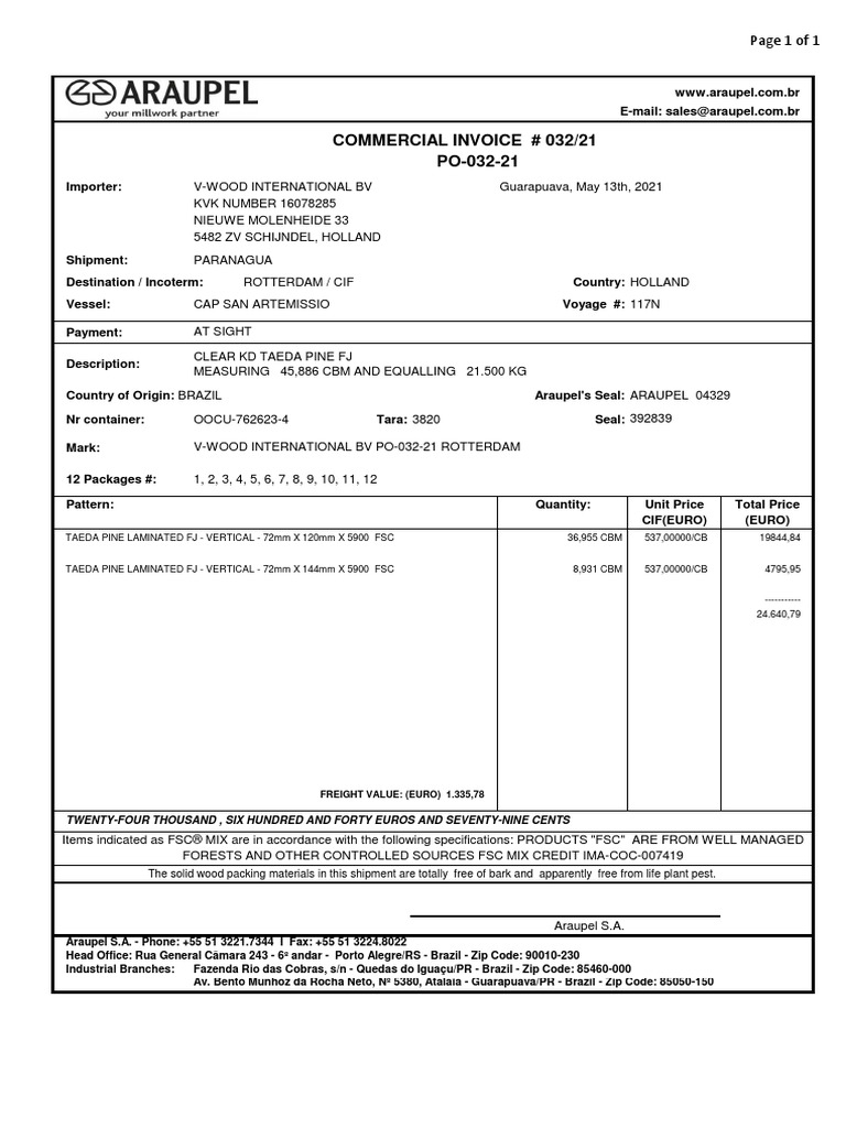 Commercial Invoice # 032/21 PO-032-21: Page 1 of 1 | PDF | Business Process | Supply Chain ...