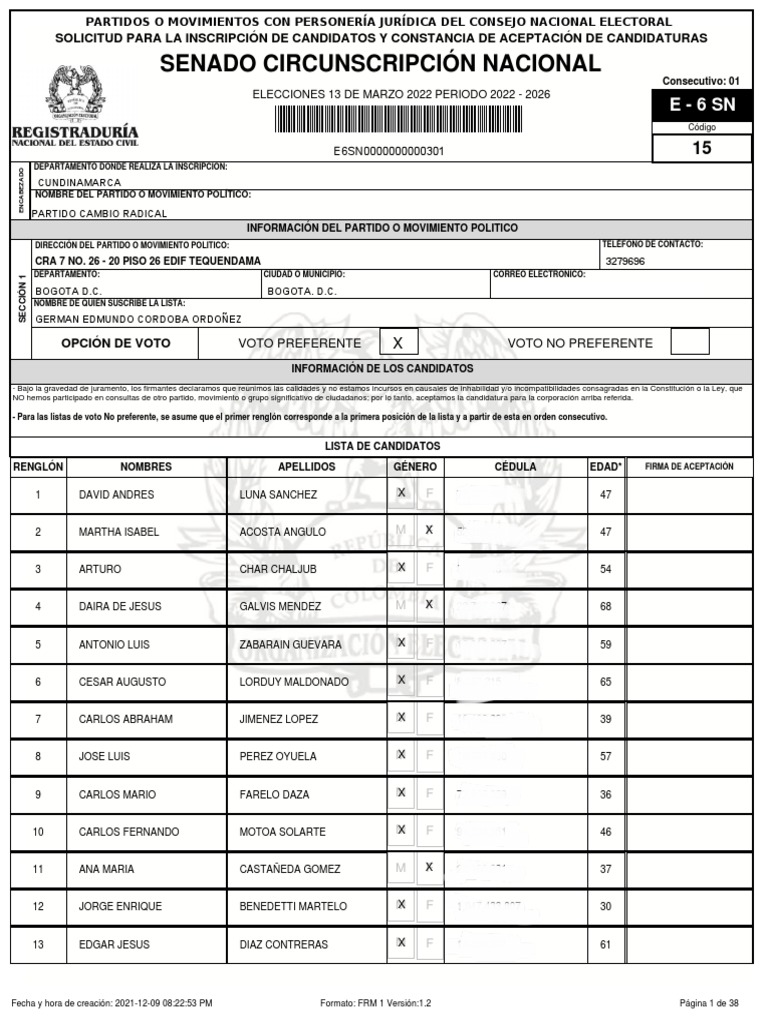 Formulario E6 Senado CR | PDF | Partidos políticos | Política de colombia