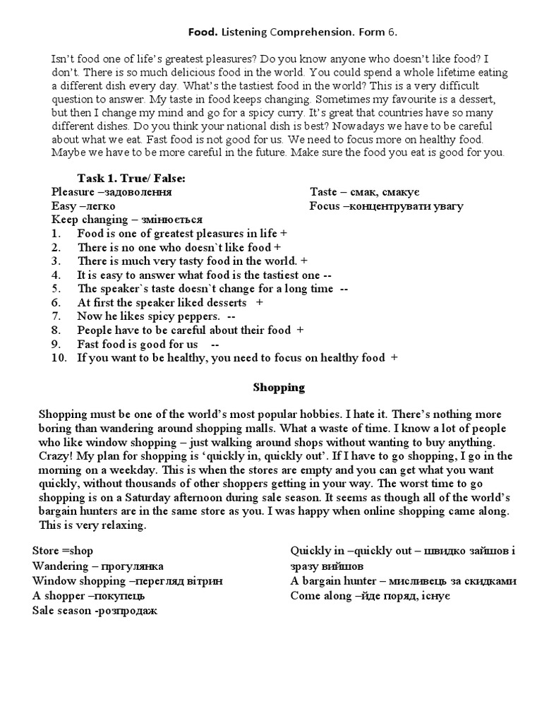 Food. Listening Comprehension. Form 6 | PDF | Workweek And Weekend ...