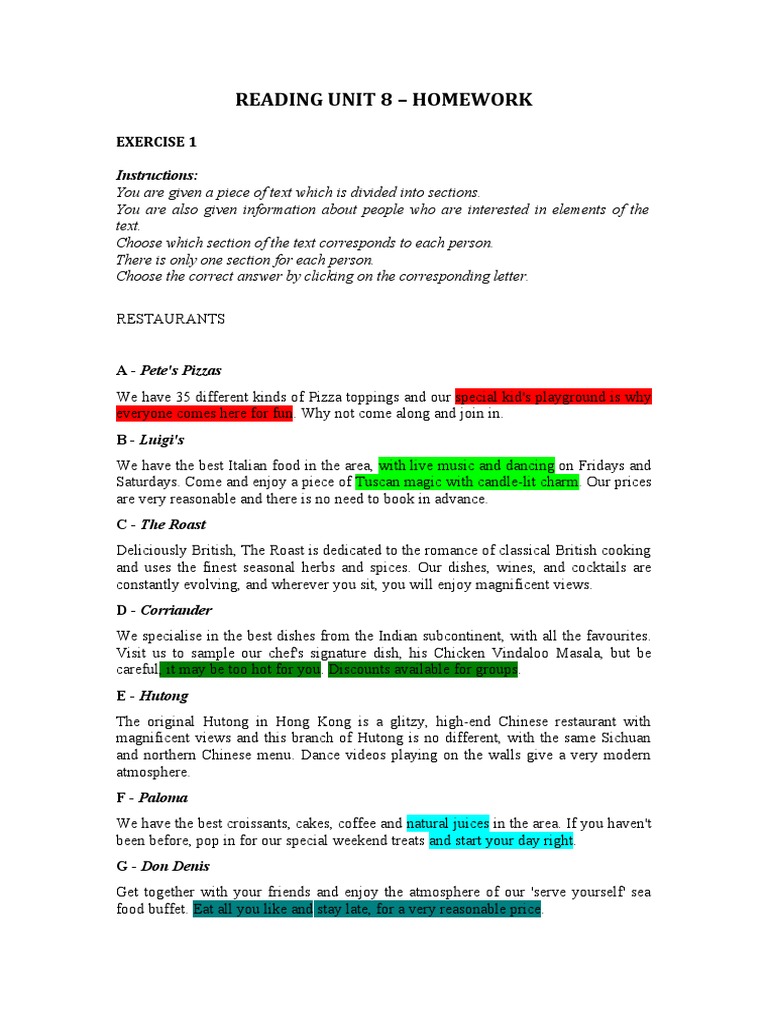 Reading Unit 8 - Homework: Exercise 1 | PDF | Meal | Eating Behaviors ...