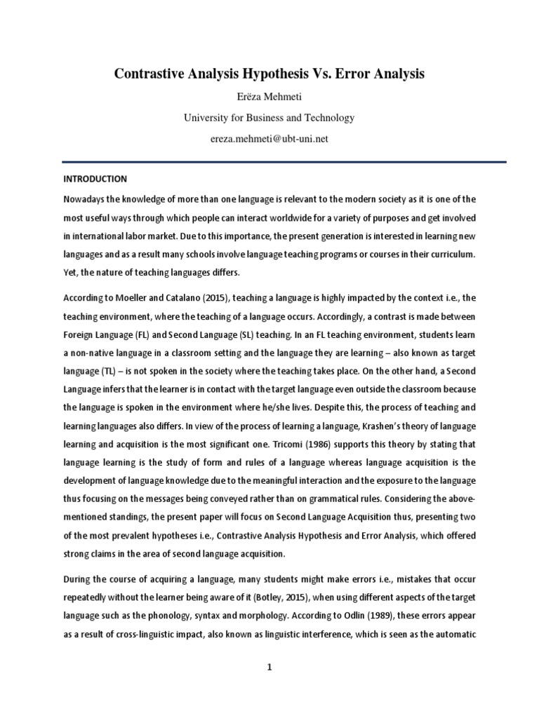 Contrastive Analysis Hypothesis vs. Error Analysis: Erëza Mehmeti University For Business and ...