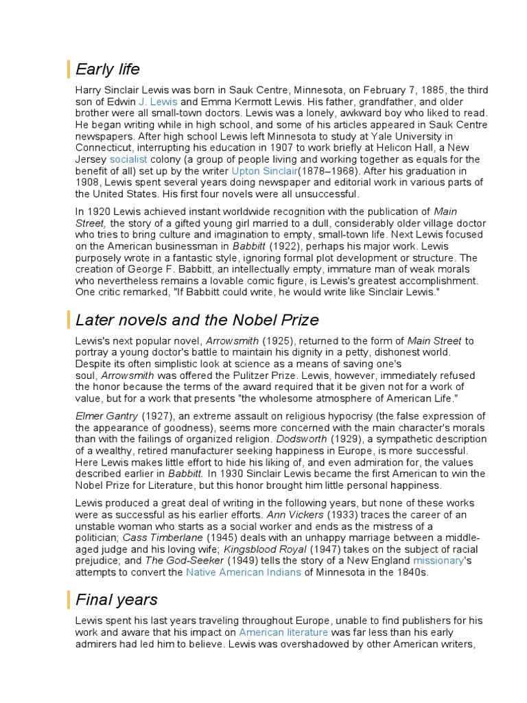 Harry Sinclair Lewis: An Overview of the Early Life and Works of the ...