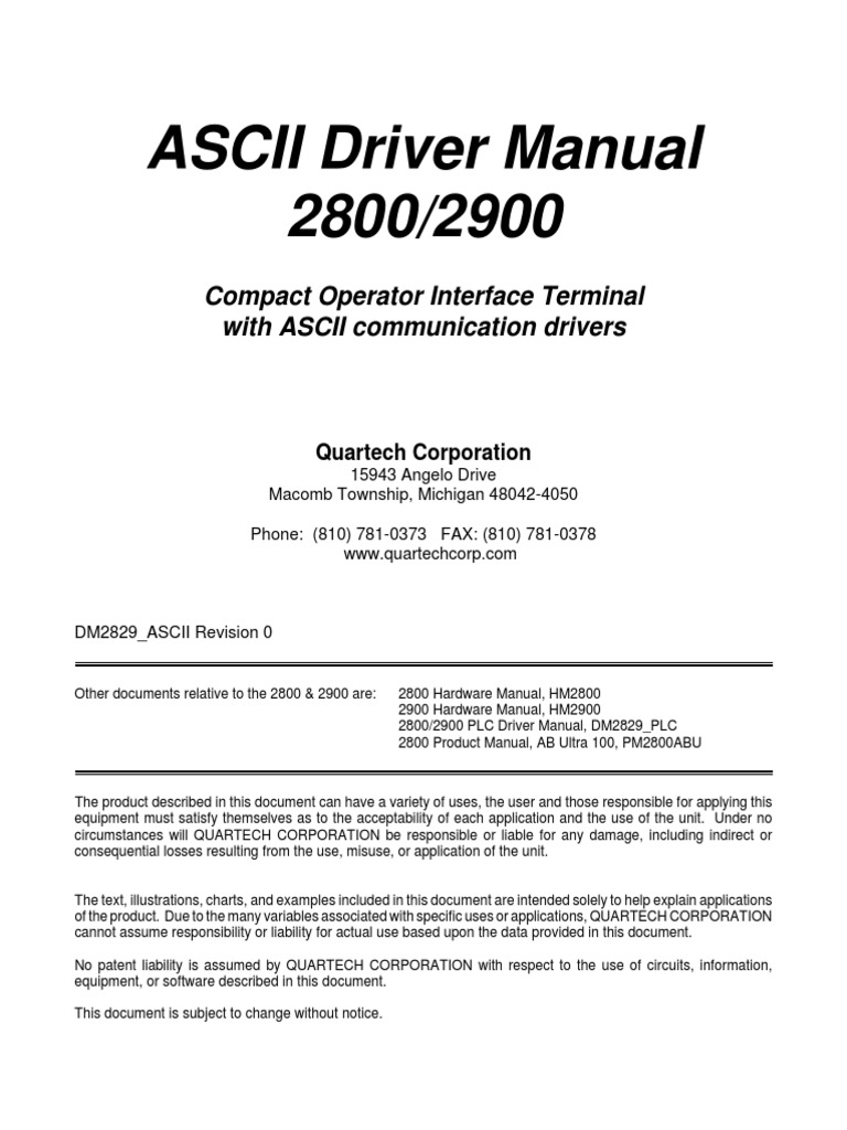 ASCII Driver Manual 2800/2900: Compact Operator Interface Terminal With ASCII Communication ...