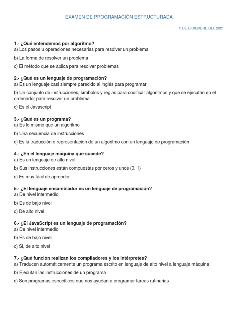 Exámen de Programacion | PDF | Programación de computadoras | Lenguaje de programación