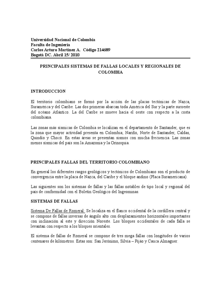 Principales Fallas Geológicas en Colombia | PDF | Falla (geología) | Andes