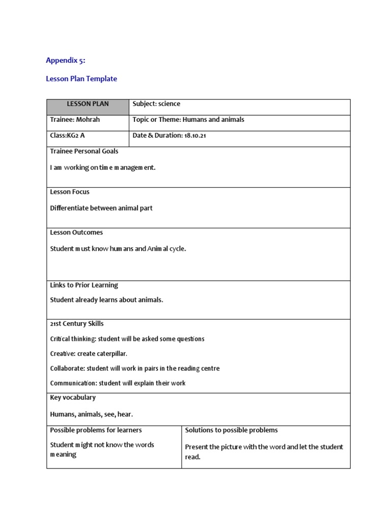 Appendix 5: Lesson Plan Template | PDF | Lesson Plan | Neuropsychological Assessment