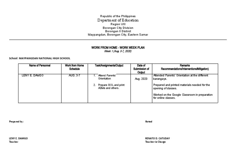 Department of Education: Work From Home - Work Week Plan | PDF