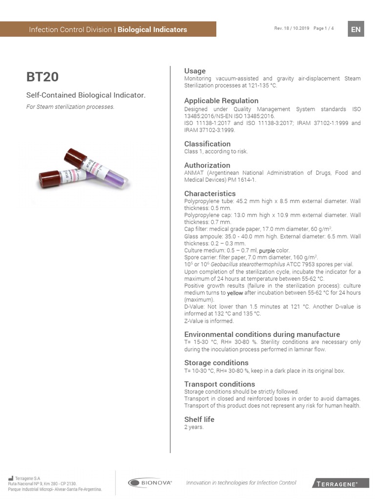 Ficha Tecnica Indicador Biologico BT20 | PDF | Sterilization ...