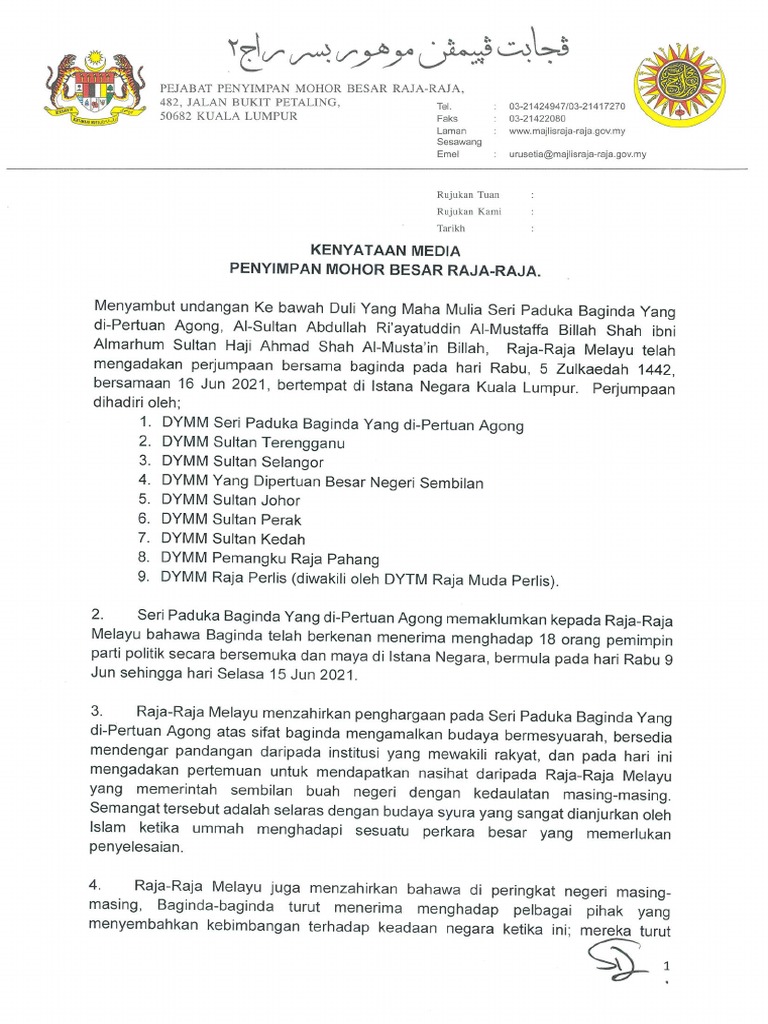 Kenyataan Media Penyimpan Mohor Besar Raja - Raja | PDF