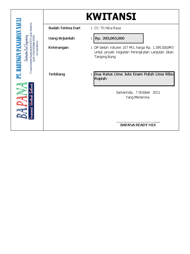 Draf Kwitansi CV. Tri Nika Raya | PDF